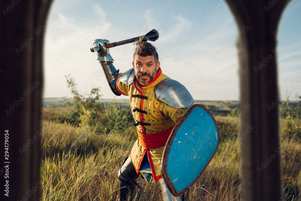 Medieval knight poses in armor opposite the castle Stock Photo | Adobe ...