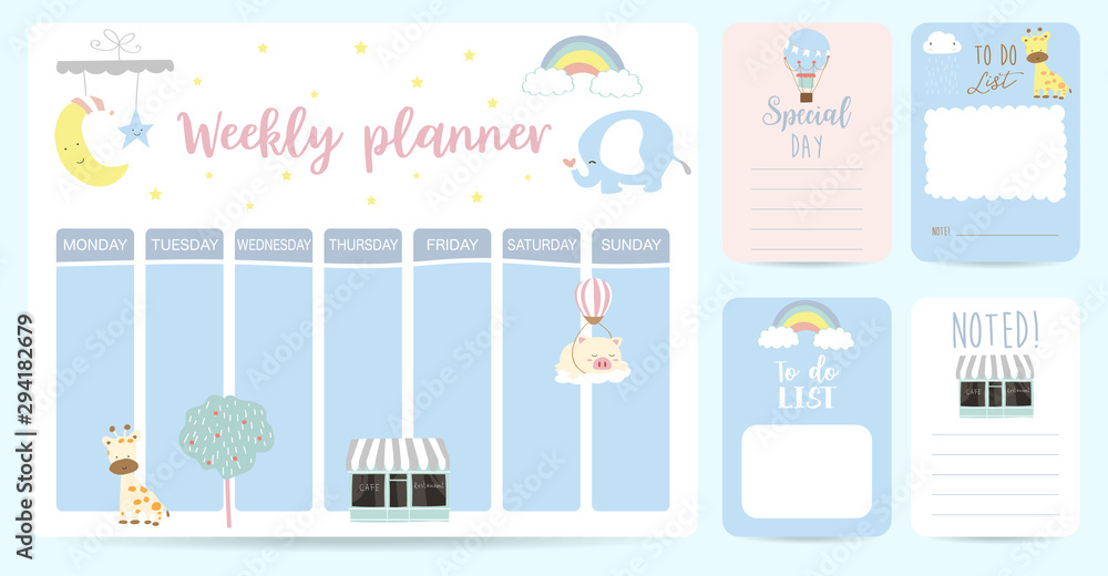 cute weekly planner background with sun,rainbow,rain,cloud.Vector ...