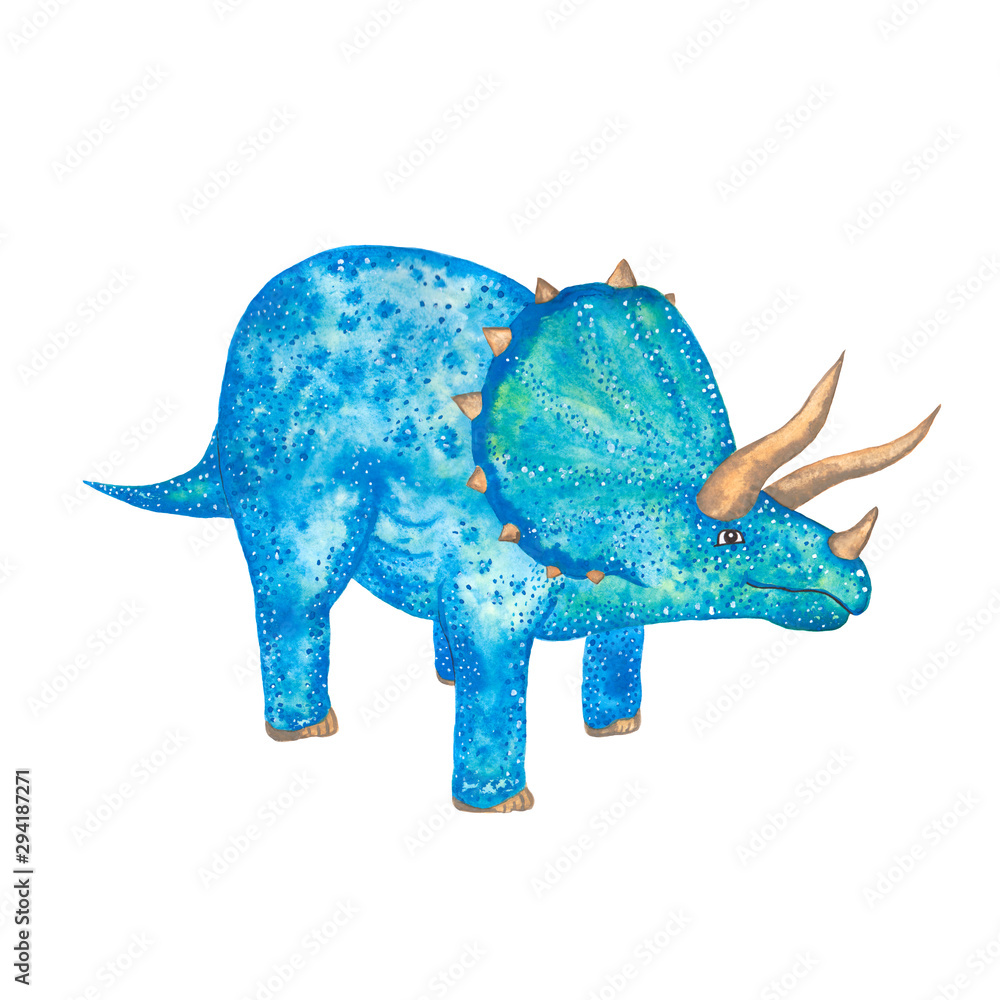 Blue watercolor triceratops on white background. Cute illustration of ...