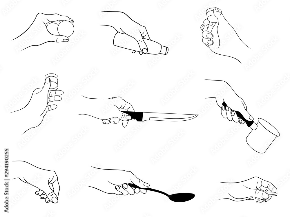 Vector set of outline, various hand actions and gestures by kitchen ...