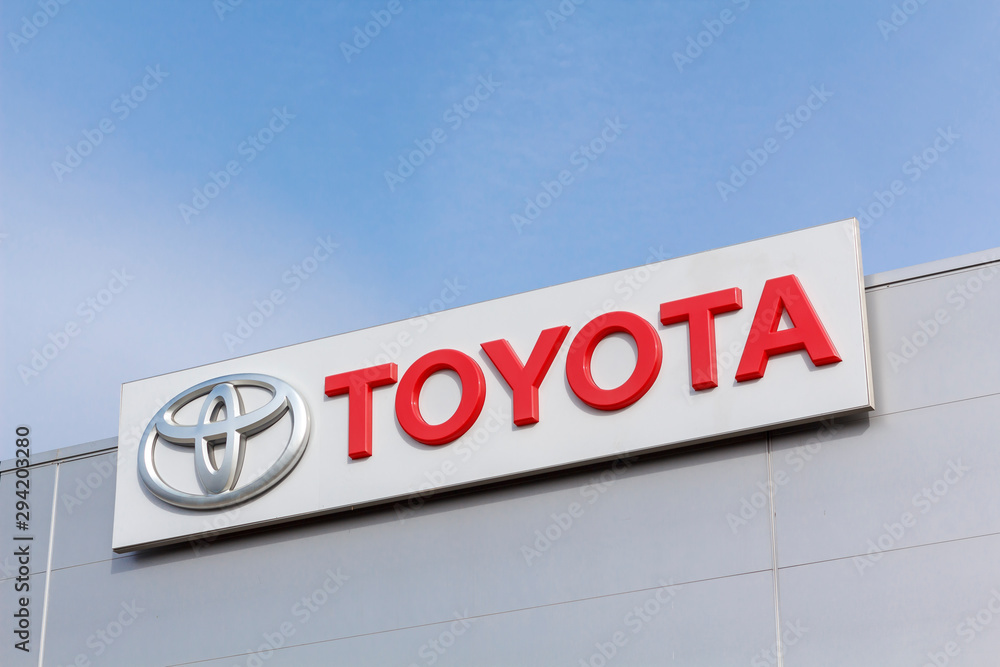 Tarragona, Spain - December 01, 2018: Toyota logo in a dealership car ...