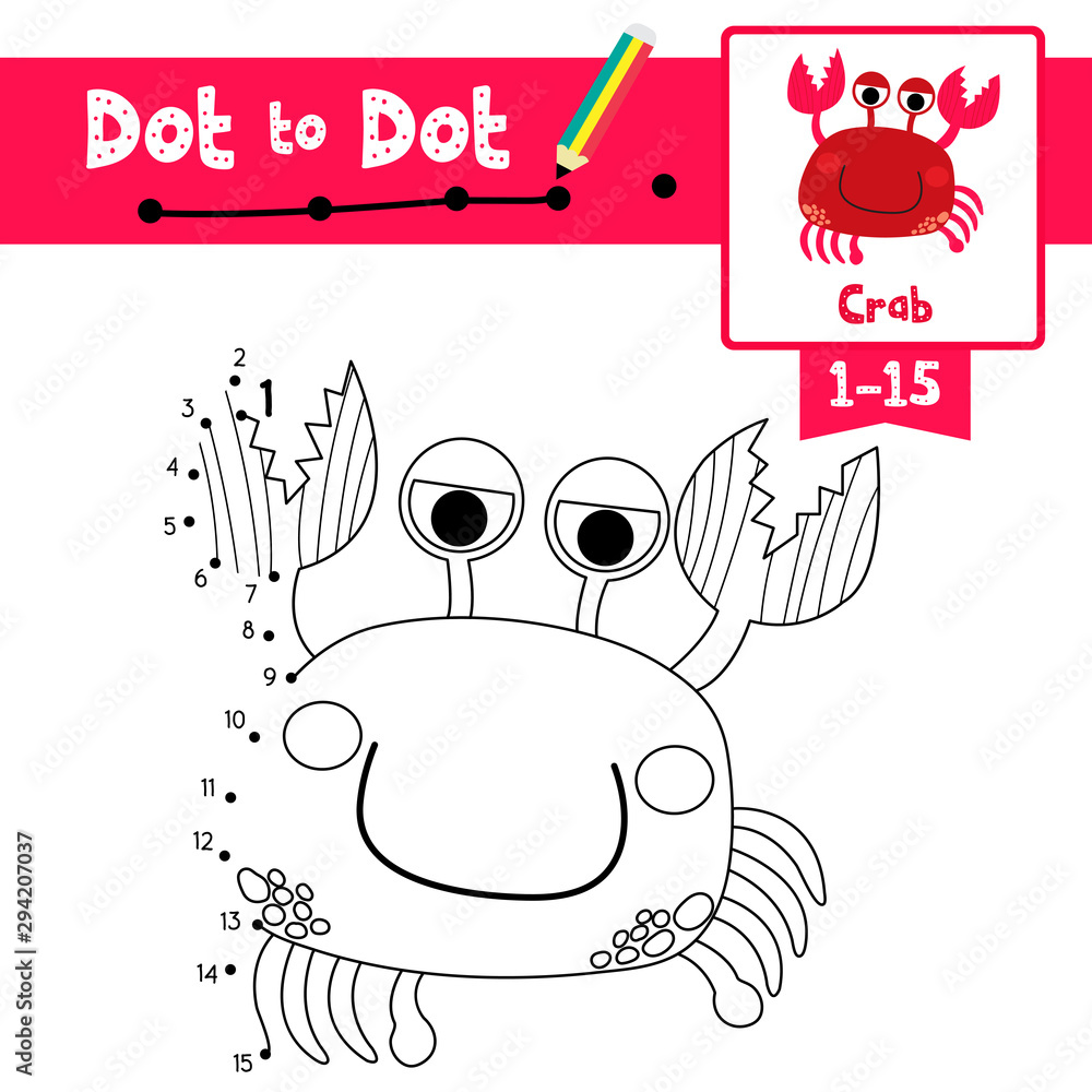 Dot to dot educational game and Coloring book Red Crab animal cartoon ...