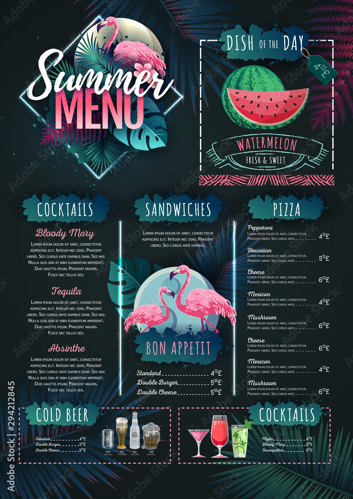 Summer menu design with flamingo and tropic leaves. Restaurant menu ...