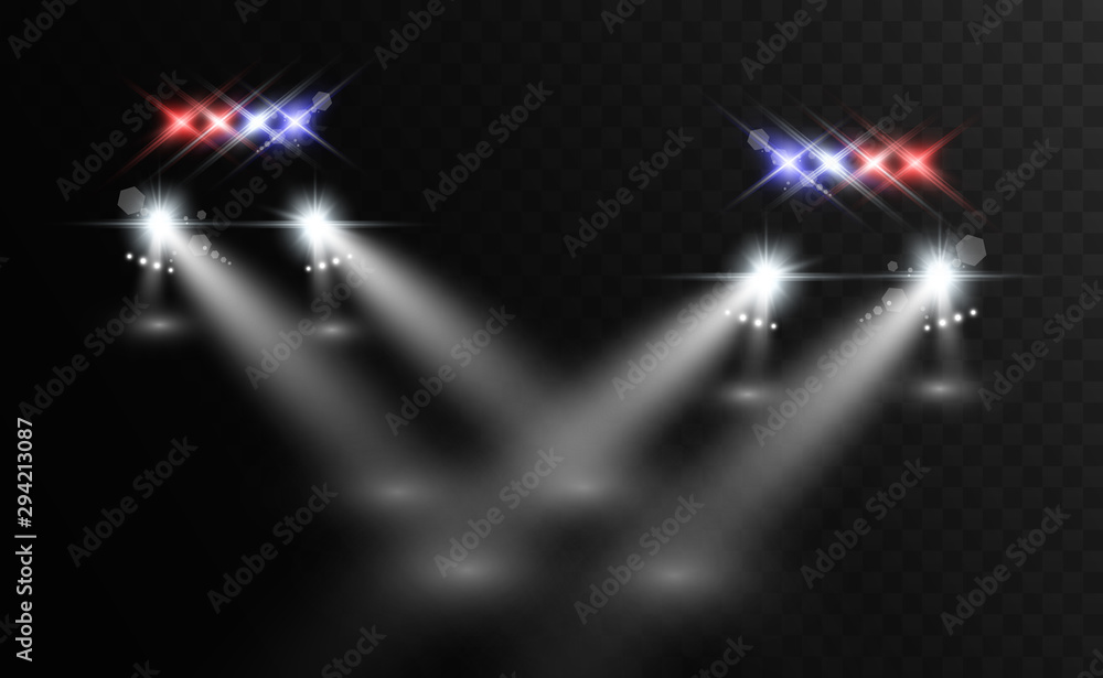 Realistic white glow round beams of car headlights, isolated on ...