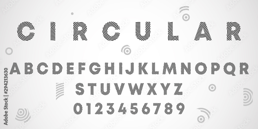 Alphabet letters and numbers of circular design. Round lines font ...