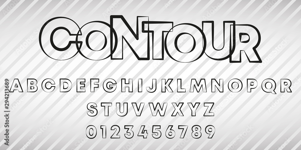 Alphabet letters and numbers of contour line design. Stamp stroke font ...