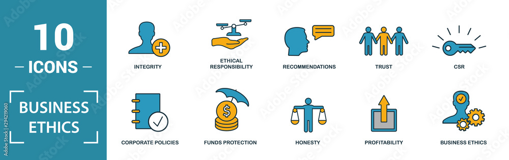 Business Ethics icon set. Include creative elements csr, trust ...