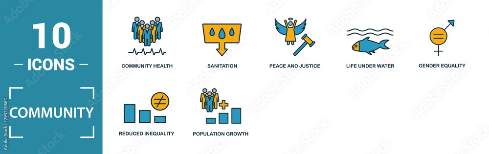 Community icon set. Include creative elements family, gender equality ...