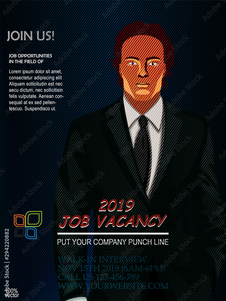 Recruitment design poster. We are hiring invitation with a businessman ...
