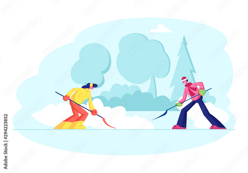 Neighbours Clearing Snow from Backyard after Snowfall. Happy People ...