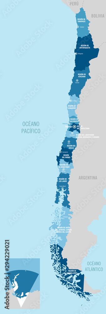 Chile vector map with separated regions and capitals. Includes ...