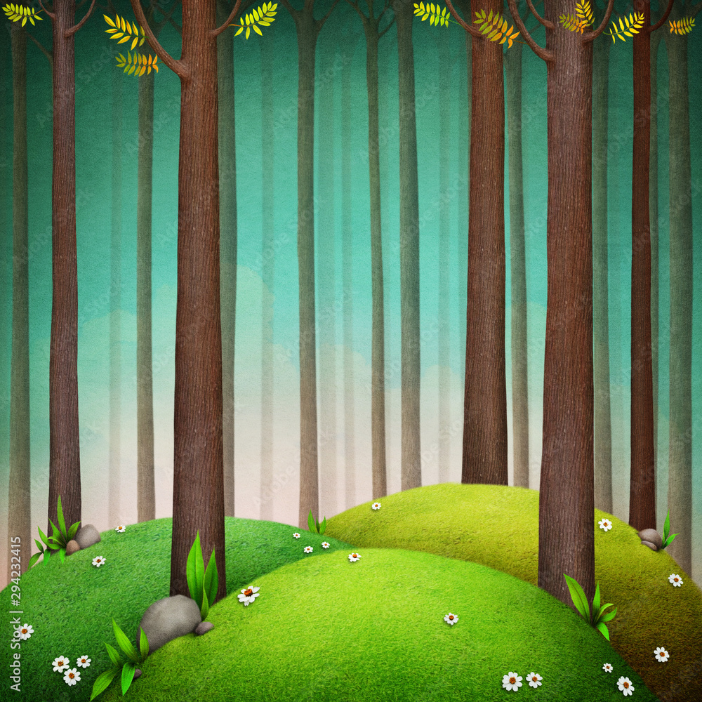 Green landscape forest background with lawn and flowers. Stock ...