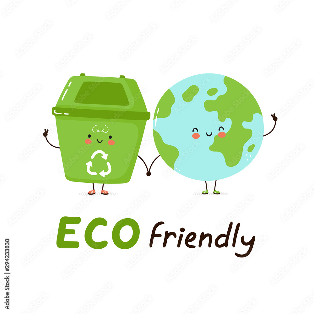 Cute happy trash bin and Earth planet. Eco friendly card. Isolated on ...