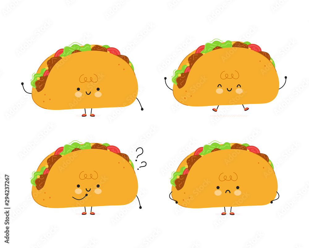 Cute happy taco set. Isolated on white background. Vector cartoon ...
