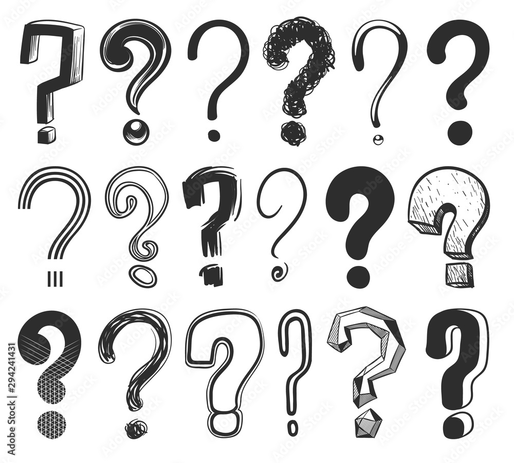 Sketch question marks. Hand drawn color interrogation signs, scribble ...