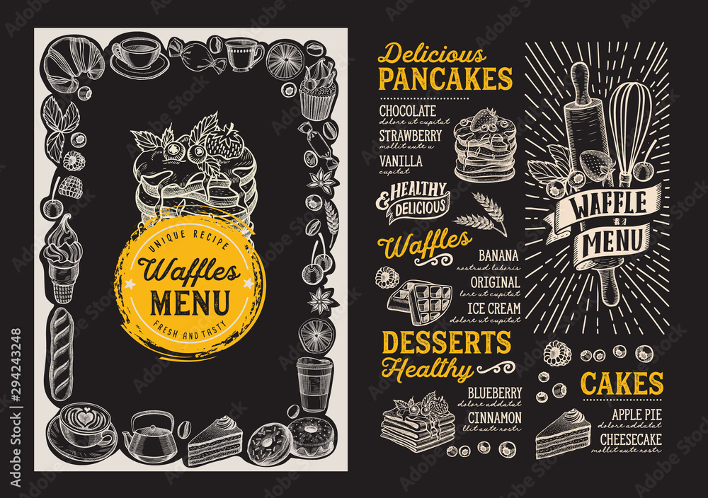 Waffle and pancake food menu template for restaurant with lettering ...