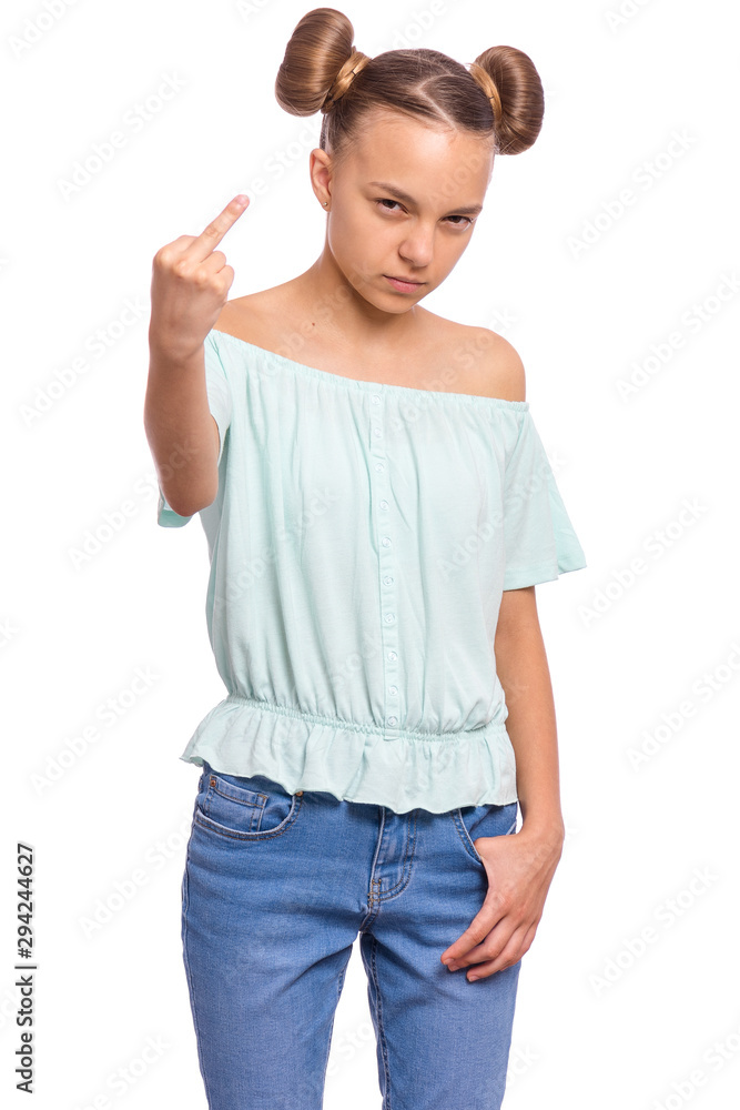Portrait of angry teen girl showing middle finger, isolated on white ...