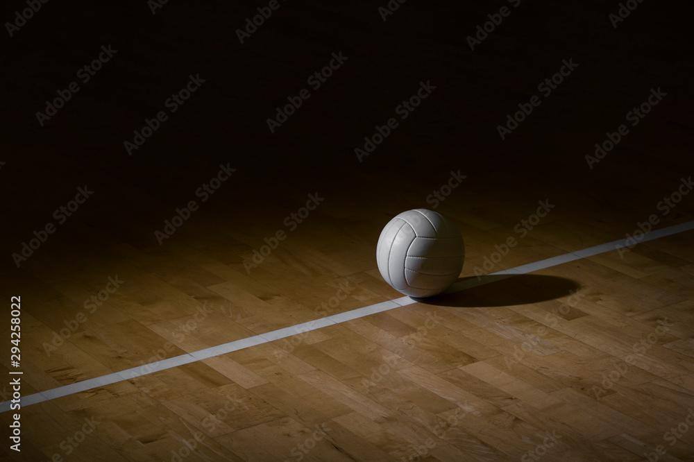 Volleyball court wooden floor with ball on black with copy-space Stock ...