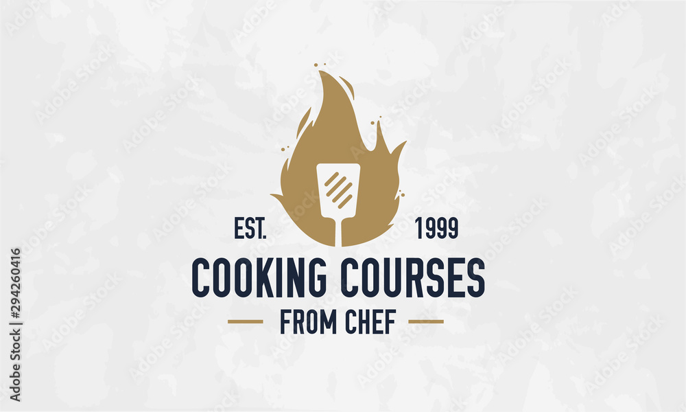 Cooking Classes logo with fire flame and spatula. Cooking Courses ...