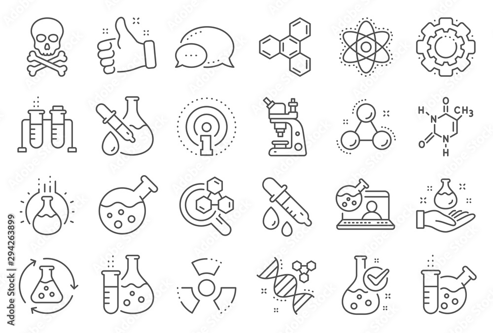 Chemistry lab line icons. Chemical formula, Microscope and Medical ...