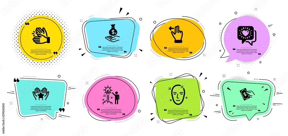 Pay money, Income money and Clapping hands line icons set. Chat bubbles ...