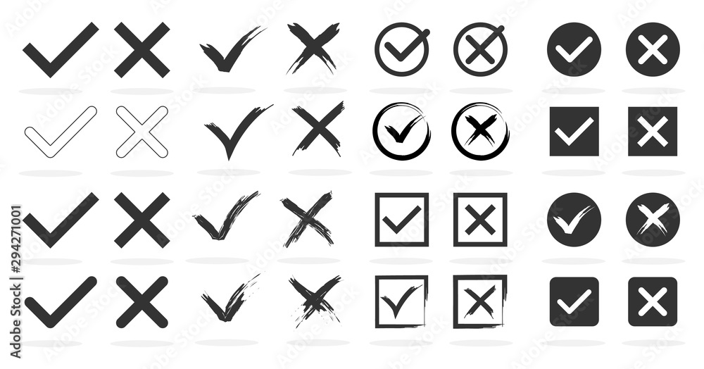 Big set of tick and cross signs. Check mark OK and NO icon of different ...