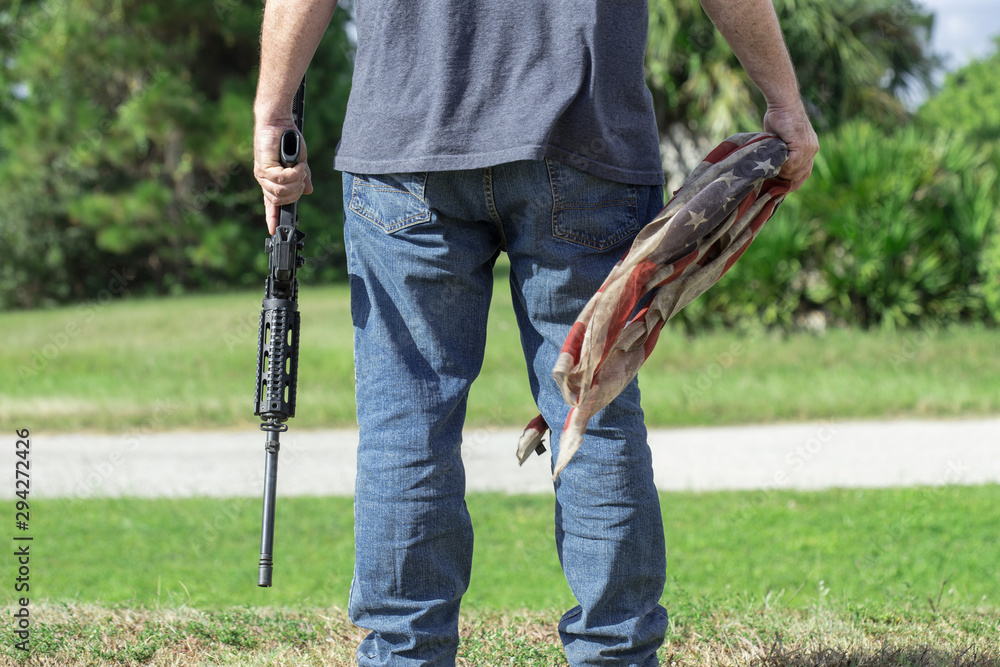 Conservative Caucasian Man Holding AR-15 Automatic Assault Rifle And ...