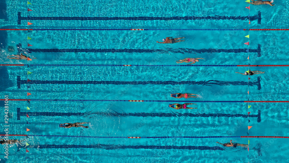 Poster Aerial top view photo of people swimming and practising in ...