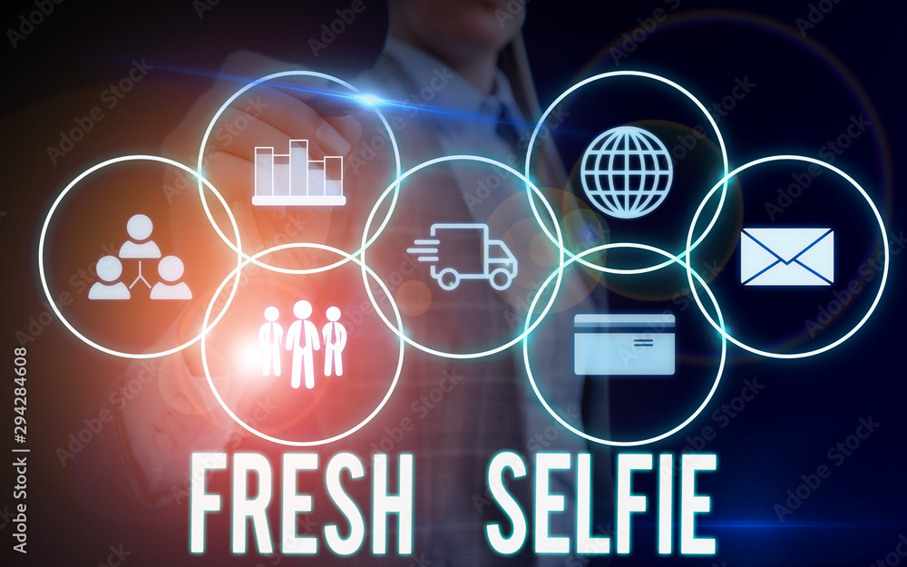 Writing note showing Fresh Selfie. Business concept for take a picture ...