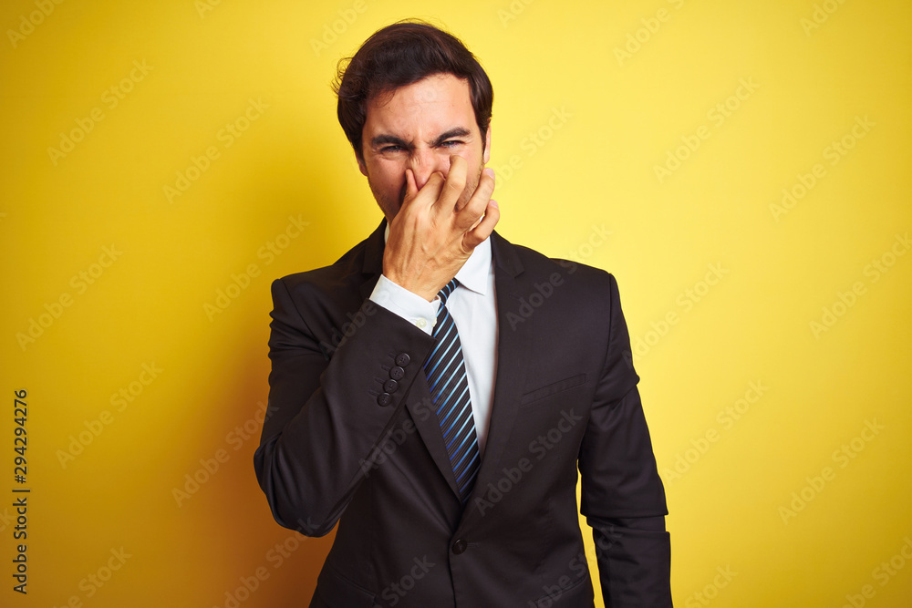 Young handsome businessman wearing suit and tie standing over isolated ...