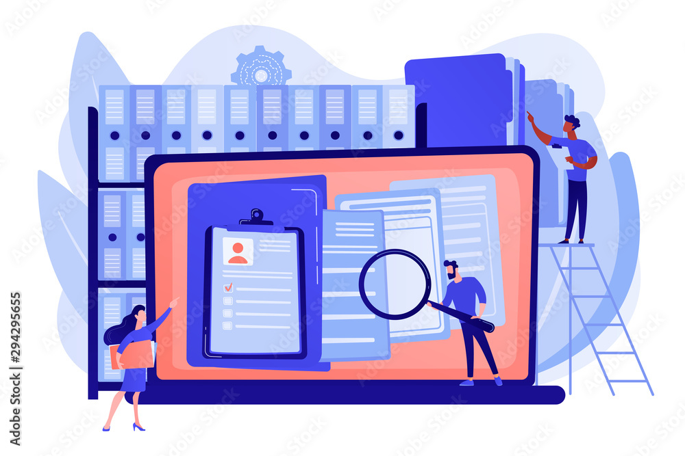 Organized archive. Searching files in database. Records management, records and information ...