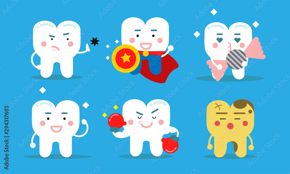 Set Of Six Healthy Teeth Concept Vector Illustrations Cartoon ...