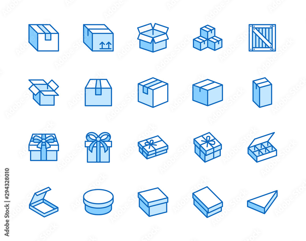 Box flat line icon set. Carton, wood boxes, product package, gift ...