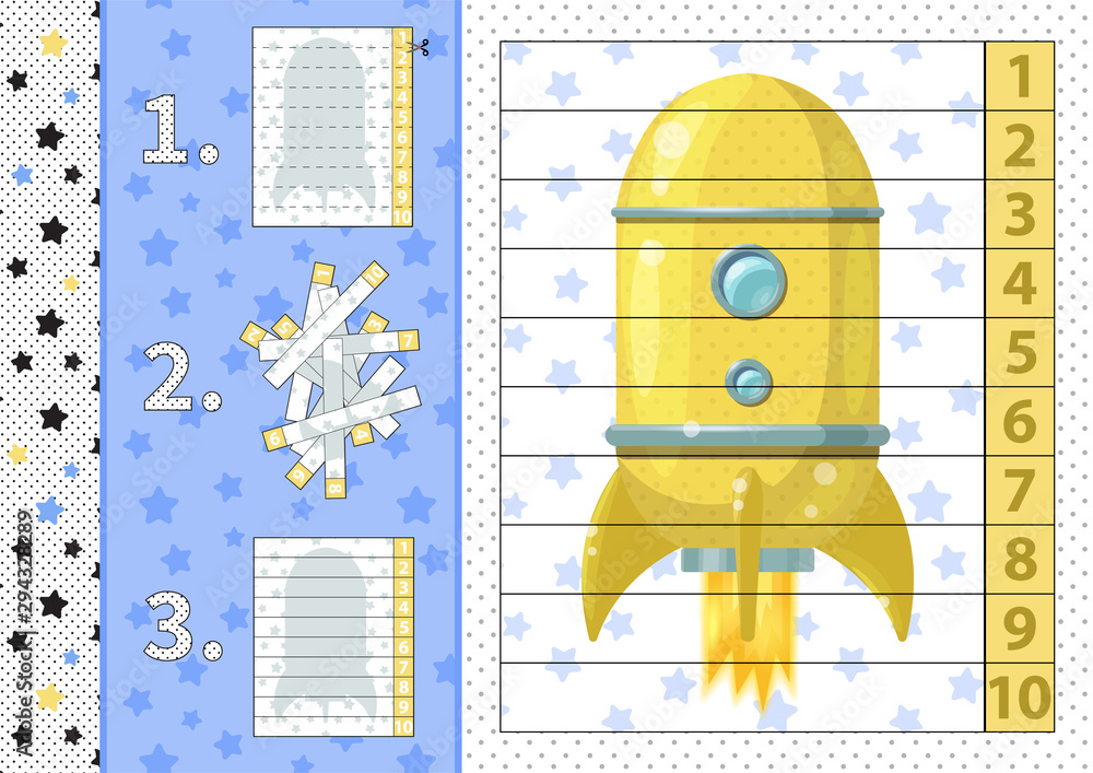 Counting number puzzle with cartoon rocket. From 1 to 10. Cut and ...
