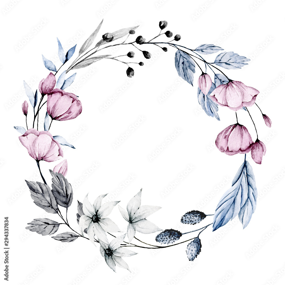 Wreath with watercolor flowers and leaves. Blue and pink colors. Frame ...
