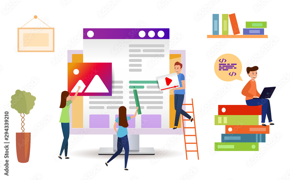 A team of people creates a website. Programmers, designers, video ...
