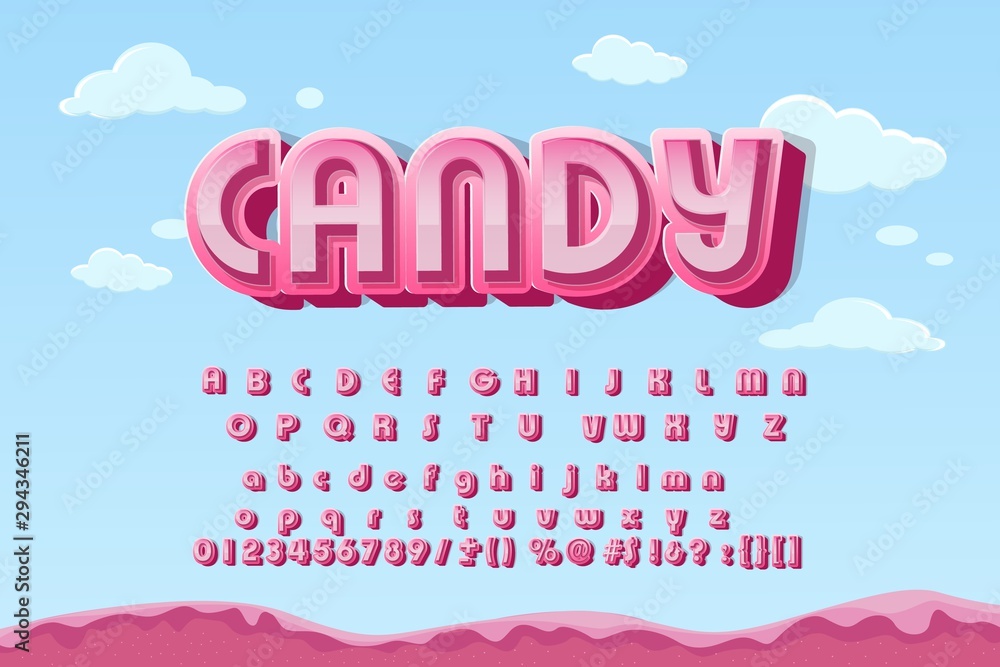 Sweet design of the font. Candy ABC letters and numbers. Pastel pink ...