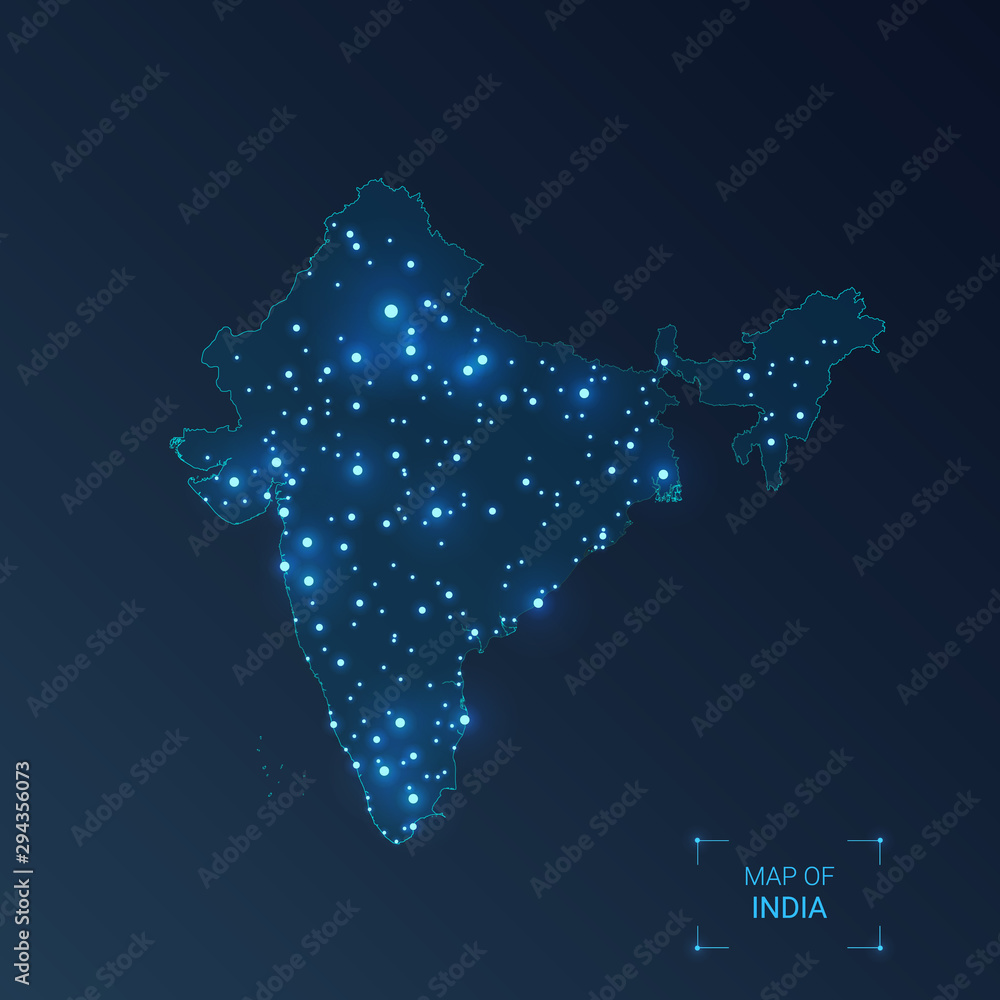 India map with cities. Luminous dots - neon lights on dark background ...