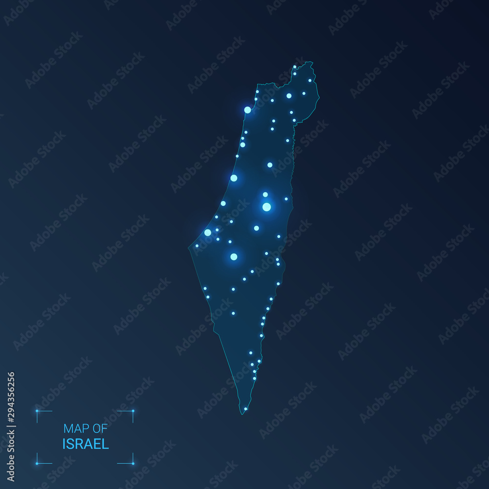Israel map with cities. Luminous dots - neon lights on dark background ...