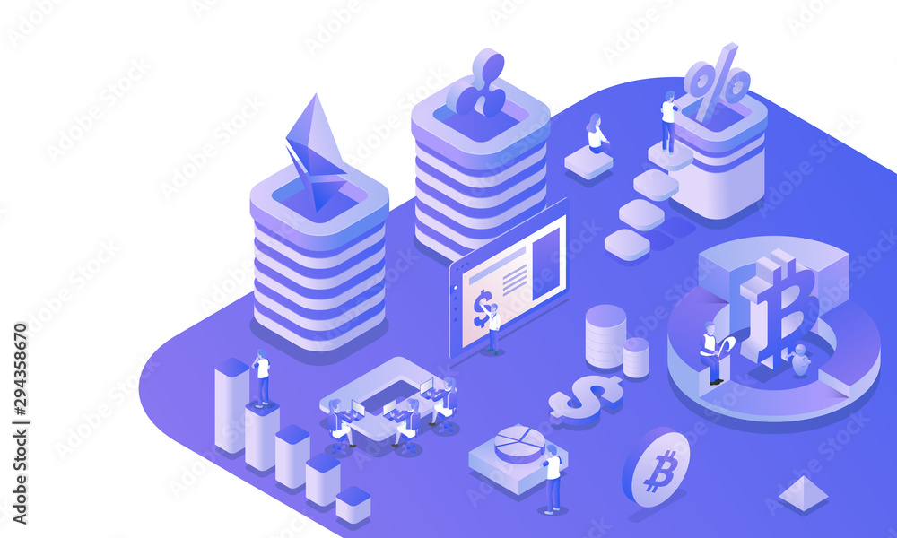 3D isometric virtual currency exchange platform with illustration of ...