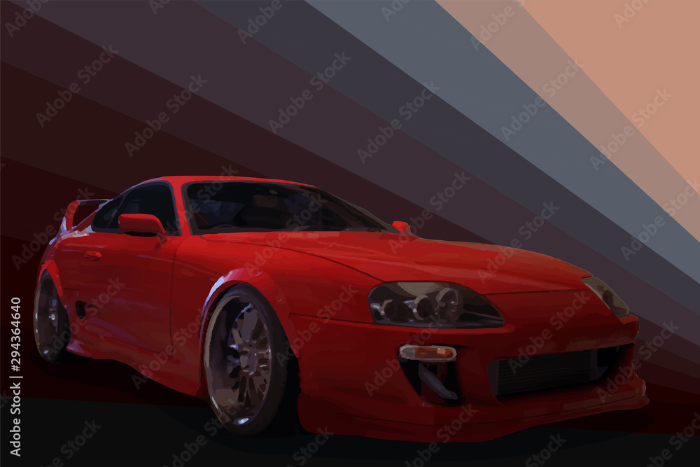Cartoon japan tuned car on red sun background. Back view. Vector ...