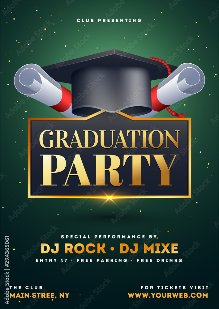 Graduation party template or flyer design with illustration of mortar ...