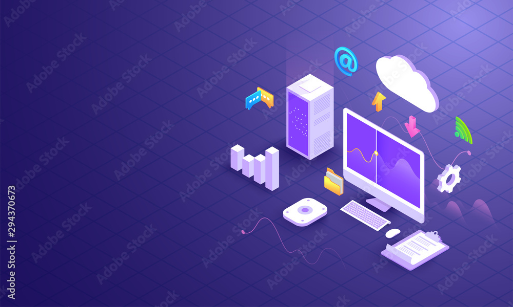 Cloud data downloading and uploading, 3d desktop with cloud server and ...