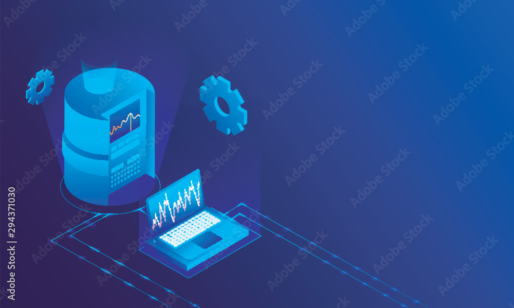 Isometric illustration of database connected with laptop on glossy blue ...