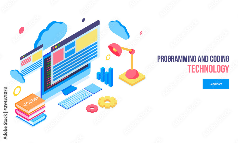 Isometric illustration of desktop with splash screen, books and ...