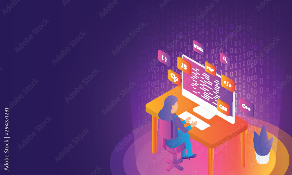 Isometric illustration of analyst or developer searching the problem on ...