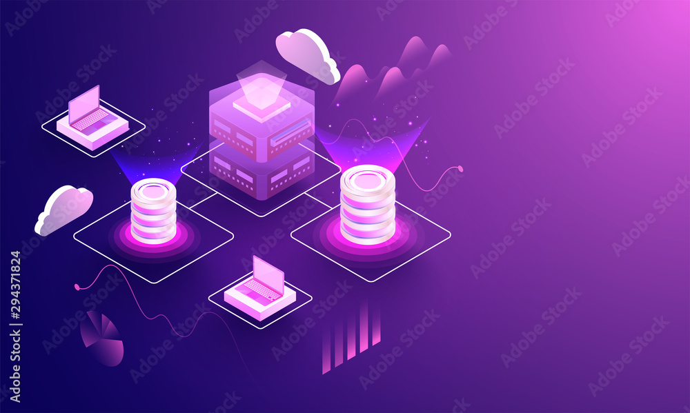 3D illustration of laptop and database connected with cloud server for ...
