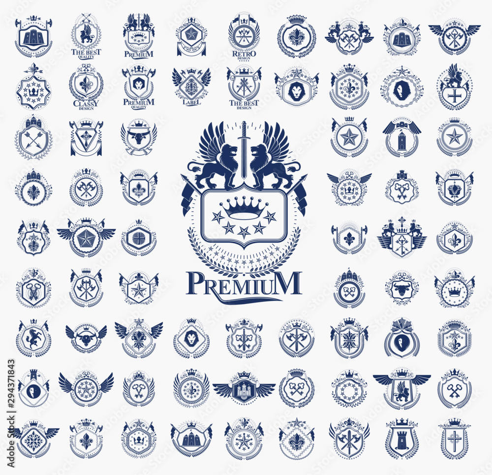 Classic style emblems big set, ancient heraldic symbols awards and ...