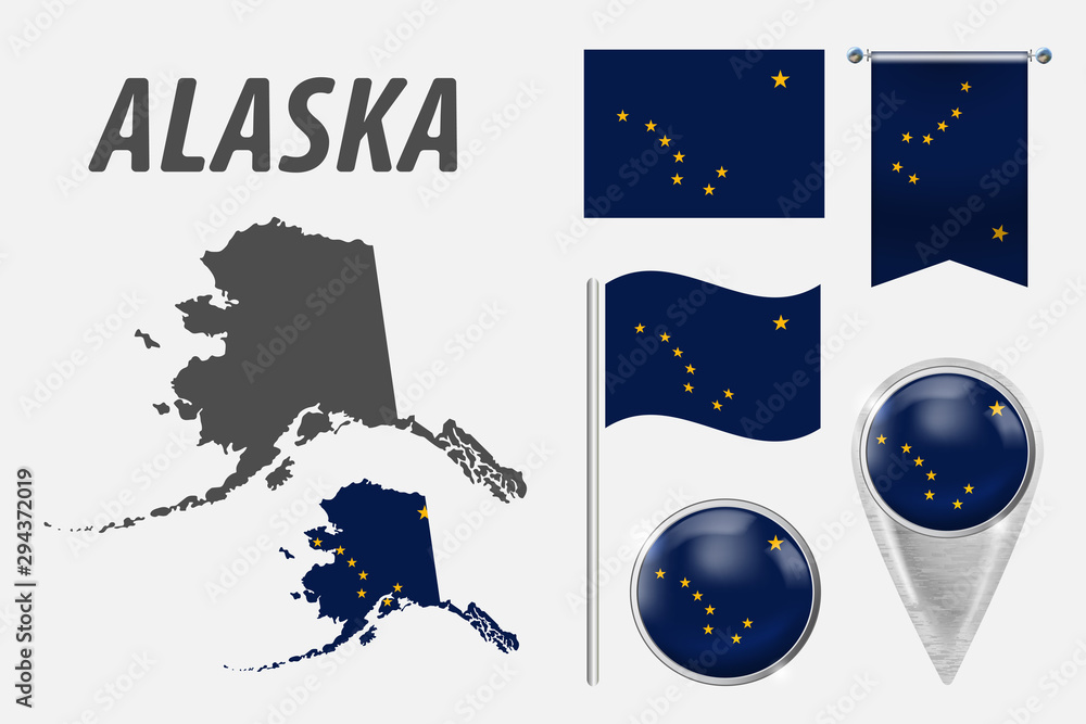 ALASKA. Set of national infographics elements with various flags ...