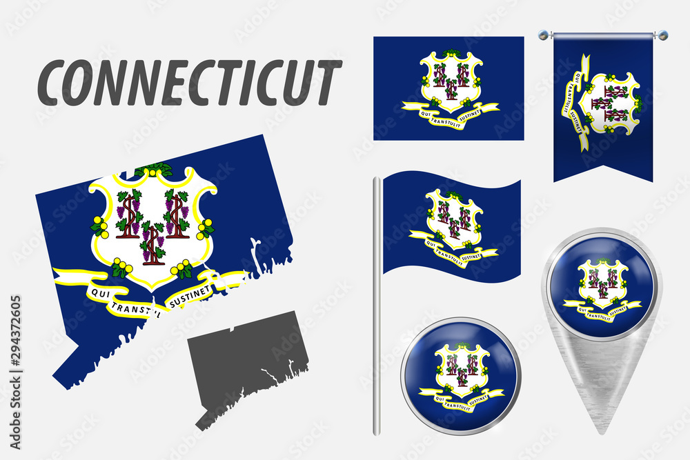 CONNECTICUT. Set of national infographics elements with various flags ...